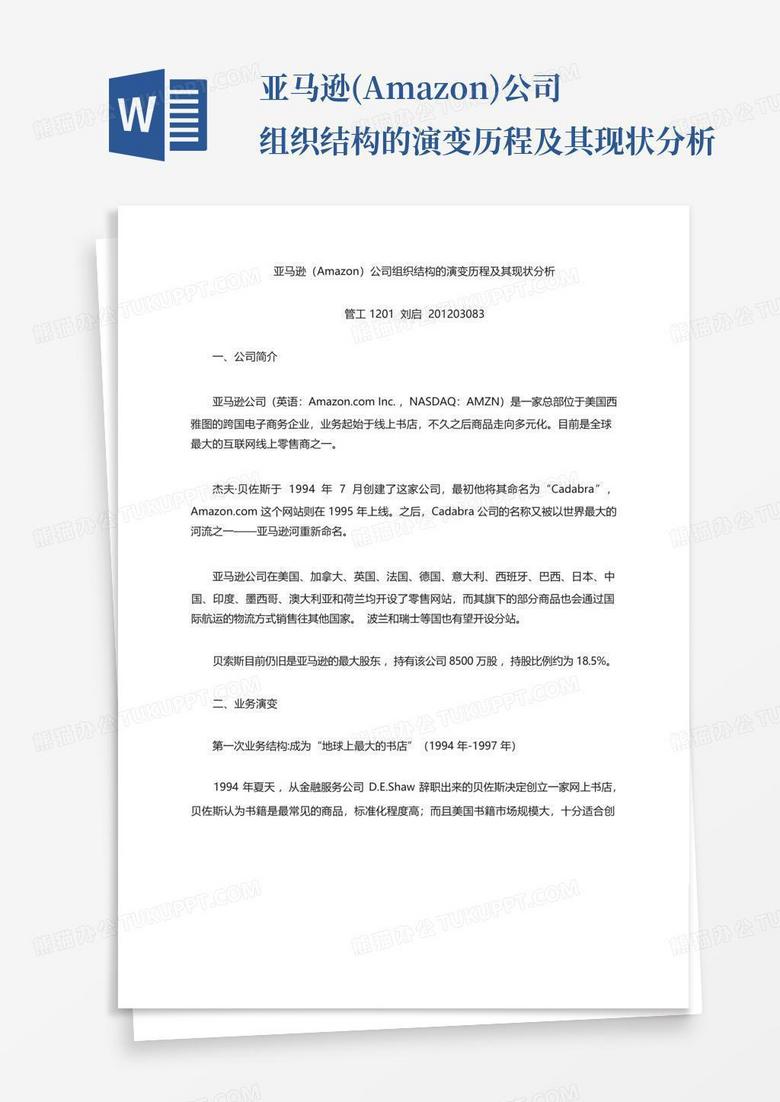 亚马逊(amazon)公司组织结构的演变历程及其现状分析-Word模板下载_编号lrkvxjpn_熊猫办公