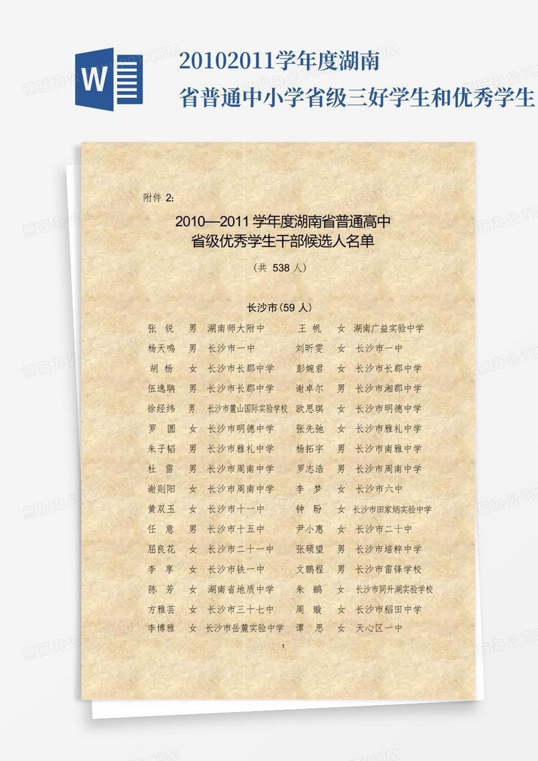 2010-2011学年度湖南省普通中小学省级三好学生和优秀学生Word模板下载_编号lrkmewae_熊猫办公
