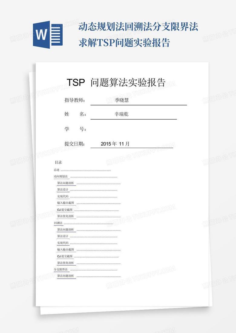 动态规划法回溯法分支限界法求解tsp问题实验报告Word模板下载_编号lrkggeng_熊猫办公