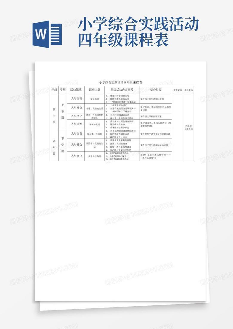 小学综合实践活动四年级课程表 Word模板下载编号lrkxnyrn熊猫办公