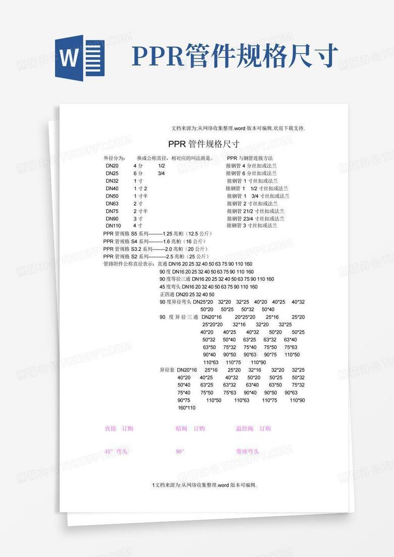 ppr管件规格尺寸Word模板下载_编号lrkyorox_熊猫办公