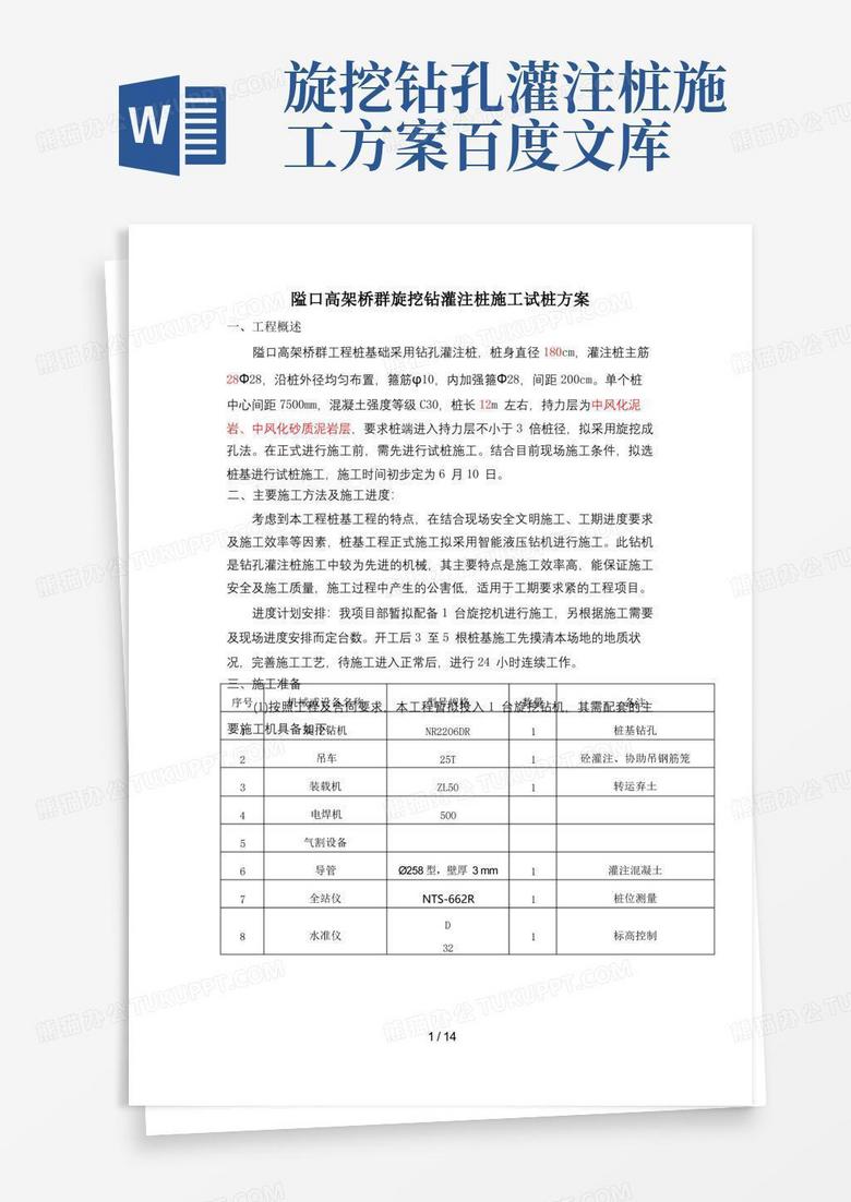 旋挖钻孔灌注桩施工试桩方案word模板下载 编号lrakpadq 熊猫办公