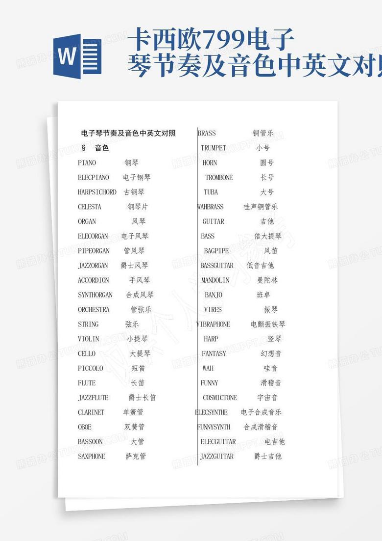 卡西欧799电子琴节奏及音色中英文对照Word模板下载_编号lxwykxvo_熊猫办公