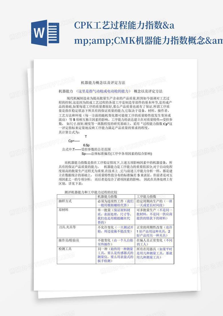 cpk工艺过程能力指数&cmk机器能力指数概念&区别以及评定方法Word模板下载_编号qjboyvyz_熊猫办公