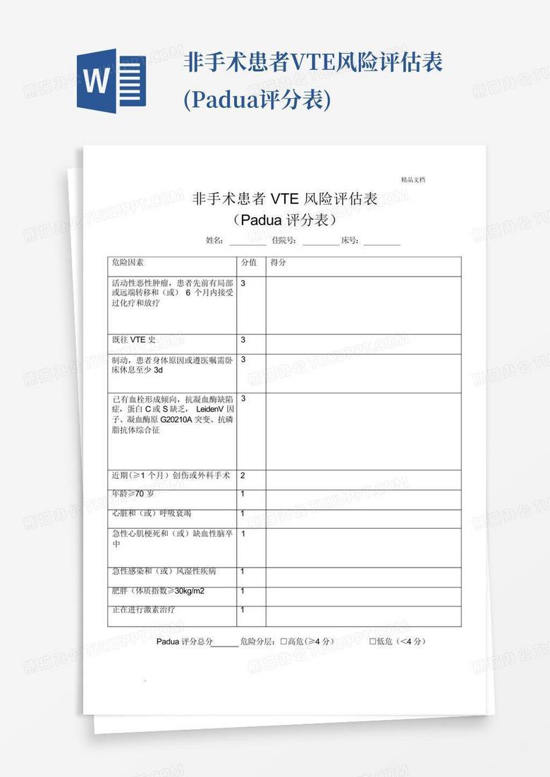 非手术患者vte风险评估表(padua评分表)Word模板下载_编号qrkbjnva_熊猫办公