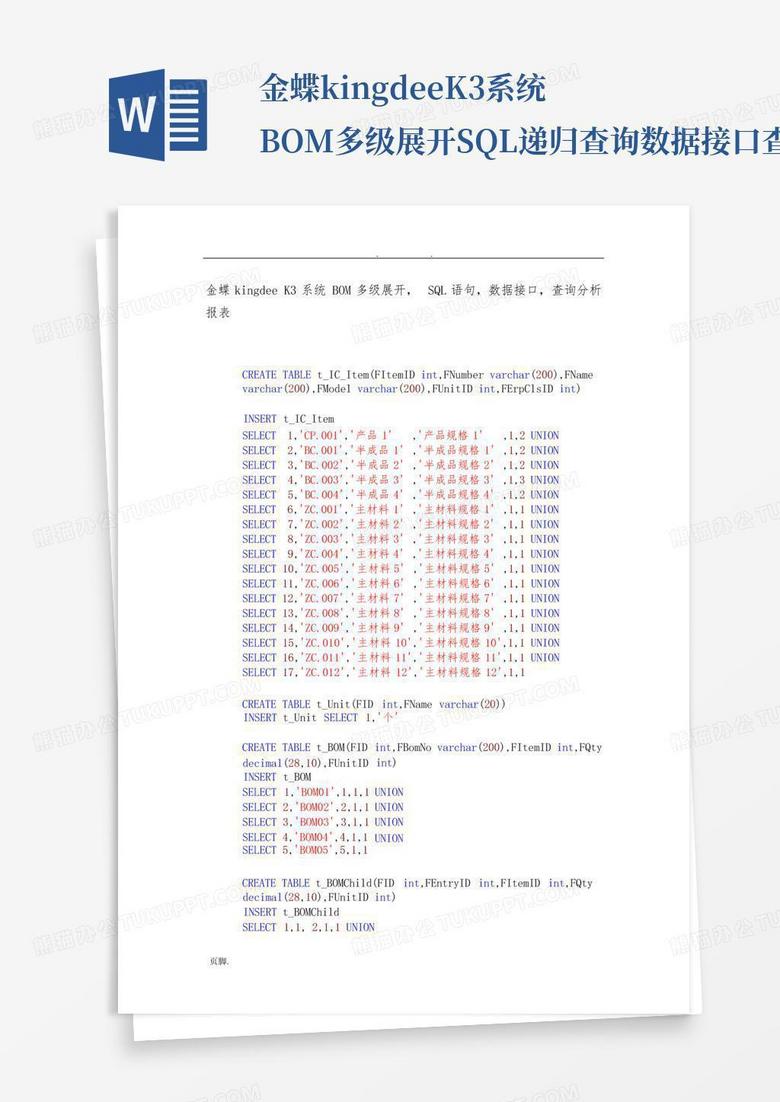 金蝶kingdee-k3系统-bom多级展开-sql递归查询-数据接口-查询分析报表Word模板下载_编号lpdkyrea_熊猫办公