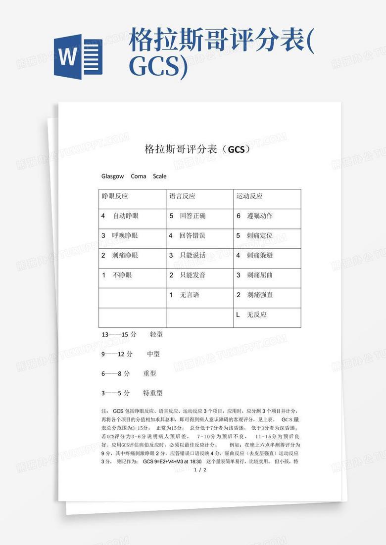 格拉斯哥评分表(gcs)Word模板下载_编号qpdkxaxx_熊猫办公
