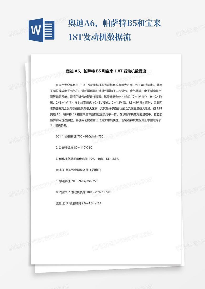 奥迪a6、帕萨特b5和宝来1.8t发动机数据流Word模板下载_编号lnxdywvd_熊猫办公